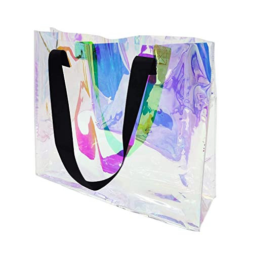 Holographic Clear Tote Bag for Stadium Concert, Fashion Iridescent Tote Handbag for Women Christmas Gift, Large Waterproof Fans Bag for Sport Game