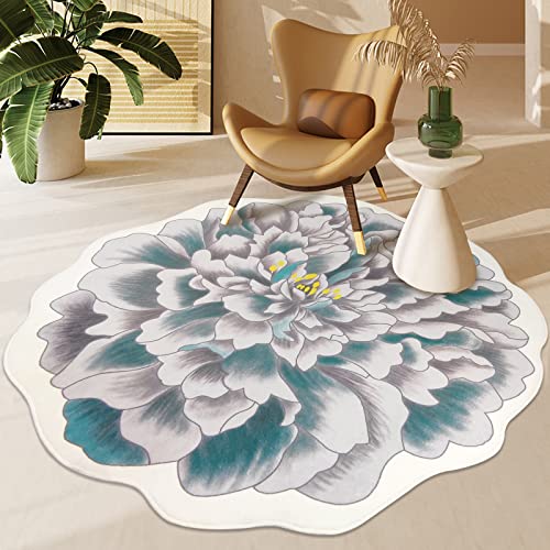 Modern Floral Rug 4Ft Round Farmhouse Rug Bedroom Floor Carpet Kids Rug Rural Accent Peony Flower Area Rug Nonslip Washable Circle Mat for Living Room Apartment Floor Protective Rug, Grayish Green