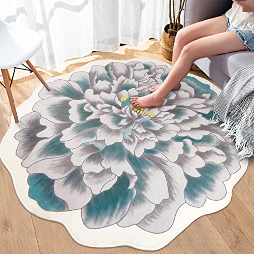 Modern Floral Rug 4Ft Round Farmhouse Rug Bedroom Floor Carpet Kids Rug Rural Accent Peony Flower Area Rug Nonslip Washable Circle Mat for Living Room Apartment Floor Protective Rug, Grayish Green