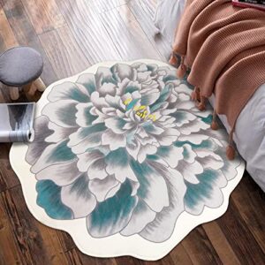 Modern Floral Rug 4Ft Round Farmhouse Rug Bedroom Floor Carpet Kids Rug Rural Accent Peony Flower Area Rug Nonslip Washable Circle Mat for Living Room Apartment Floor Protective Rug, Grayish Green