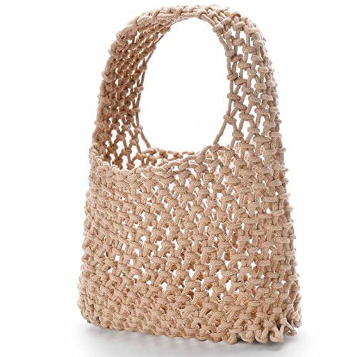 Hand-woven Soft Tote Crochet bag Cotton Rope with Leather Base Net Bag Boho Purse Wovens Bag