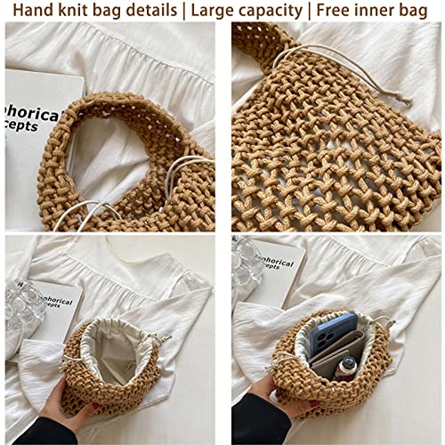 Hand-woven Soft Tote Crochet bag Cotton Rope with Leather Base Net Bag Boho Purse Wovens Bag