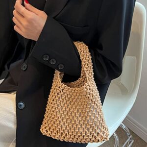 Hand-woven Soft Tote Crochet bag Cotton Rope with Leather Base Net Bag Boho Purse Wovens Bag