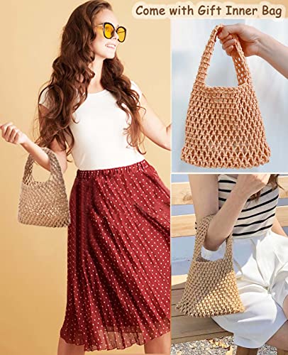 Hand-woven Soft Tote Crochet bag Cotton Rope with Leather Base Net Bag Boho Purse Wovens Bag