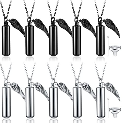 10 Pieces Cylinder Cremation Urn Necklace with Angel Wing Stainless Steel Memorial Keepsake Pendant Cremation Necklaces for Ashes for Women Men Urn Jewelry Sets Keepsake Urns Necklace with Filling Kit