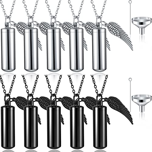 10 Pieces Cylinder Cremation Urn Necklace with Angel Wing Stainless Steel Memorial Keepsake Pendant Cremation Necklaces for Ashes for Women Men Urn Jewelry Sets Keepsake Urns Necklace with Filling Kit