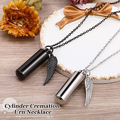 10 Pieces Cylinder Cremation Urn Necklace with Angel Wing Stainless Steel Memorial Keepsake Pendant Cremation Necklaces for Ashes for Women Men Urn Jewelry Sets Keepsake Urns Necklace with Filling Kit