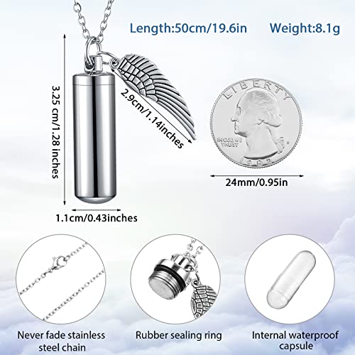 10 Pieces Cylinder Cremation Urn Necklace with Angel Wing Stainless Steel Memorial Keepsake Pendant Cremation Necklaces for Ashes for Women Men Urn Jewelry Sets Keepsake Urns Necklace with Filling Kit