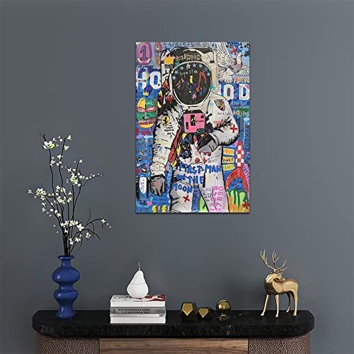 Banksy Astronaut Wall Art Pop Culture Graffiti Street Art Painting Pictures Wall Decor Framed Canvas Prints Modern Gifts for Man Artwork Home Decor for Bedroom Living Room Office 16"x24"