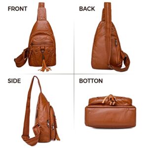 Peicees Leather Sling Bag For Women Waterproof Crossbody Bag Chest Bag Fashionable Small Backpack Purse For Travel Hiking