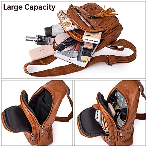 Peicees Leather Sling Bag For Women Waterproof Crossbody Bag Chest Bag Fashionable Small Backpack Purse For Travel Hiking