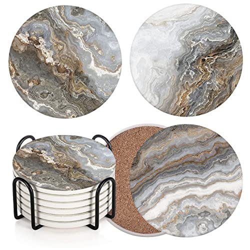 Coaster for Drinks Set of 6, Grey Marble Golden Stone Agate Absorbent Round Ceramic Stone Mat, with Cork Base and Metal Holder, Gift for Housewarming Room Bar Decor