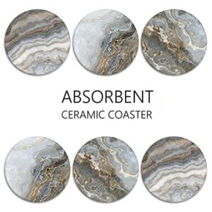 Coaster for Drinks Set of 6, Grey Marble Golden Stone Agate Absorbent Round Ceramic Stone Mat, with Cork Base and Metal Holder, Gift for Housewarming Room Bar Decor