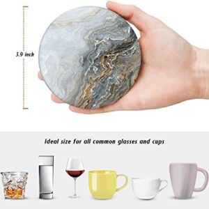 Coaster for Drinks Set of 6, Grey Marble Golden Stone Agate Absorbent Round Ceramic Stone Mat, with Cork Base and Metal Holder, Gift for Housewarming Room Bar Decor