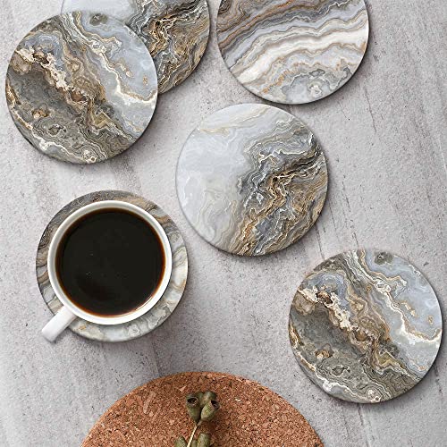 Coaster for Drinks Set of 6, Grey Marble Golden Stone Agate Absorbent Round Ceramic Stone Mat, with Cork Base and Metal Holder, Gift for Housewarming Room Bar Decor