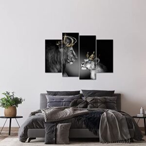 Large 4 Panel Wall Decor The Lion King and Queen with Crown Wall Art African Wild Animals Canvas Prints Pictures Black and White Modern Giclee Framed Artwork for Bedroom Bathroom Master Room Ready to Hang 48x33inch