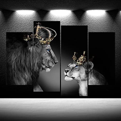 Large 4 Panel Wall Decor The Lion King and Queen with Crown Wall Art African Wild Animals Canvas Prints Pictures Black and White Modern Giclee Framed Artwork for Bedroom Bathroom Master Room Ready to Hang 48x33inch