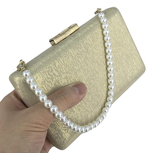 Shine Satin Women Metal Box Clutch Purse Evening Bags with Short Syethetic Pearl Strap (Gold, Mini)