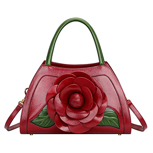 PIJUSHI Designer Floral Handbags for Women Genuine Leather Top Handle Satchel Handbags(66312 Red)