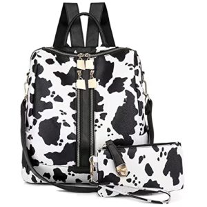 enyiwh women fashion 2 pack with backpack purse leather shoulder bag travel bag handbag casual fashion multipurpose design convertible shoulder bag handbag with wristlet (white cow)