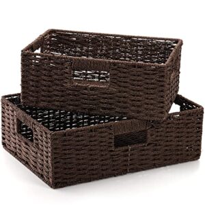 topzea 2 pack wicker basket for shelves, woven shelf basket closet storage basket with handle, farmhouse decorative storage bins pantry organization basket for home, office, school