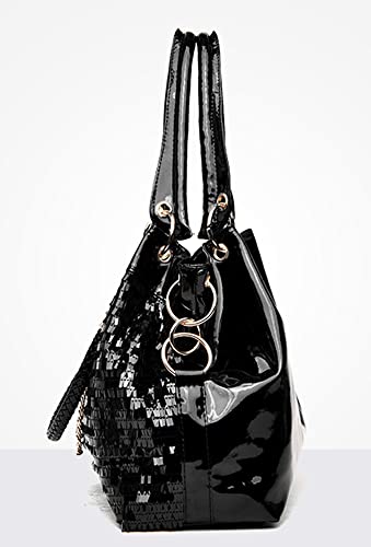 Women Patent Hobos Shiny Top-Handle Bags Chain Handbags Large Shoulder Bags for Ladies Sequin Purse (Patent BLack)