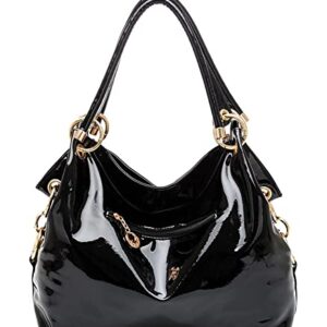 Women Patent Hobos Shiny Top-Handle Bags Chain Handbags Large Shoulder Bags for Ladies Sequin Purse (Patent BLack)