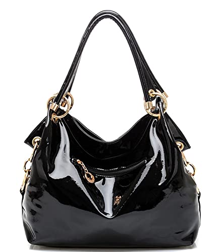 Women Patent Hobos Shiny Top-Handle Bags Chain Handbags Large Shoulder Bags for Ladies Sequin Purse (Patent BLack)