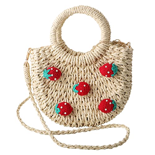 QTKJ Mini Semi-circle Rattan Straw Handbags, Hand-Woven Women Summer Retro Straw Tote Bag with Cute Dolls Shoulder Bag Crossbody Bag Round Handle Beach Handbags (Khaki, Strawberry)