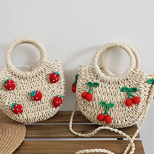 QTKJ Mini Semi-circle Rattan Straw Handbags, Hand-Woven Women Summer Retro Straw Tote Bag with Cute Dolls Shoulder Bag Crossbody Bag Round Handle Beach Handbags (Khaki, Strawberry)