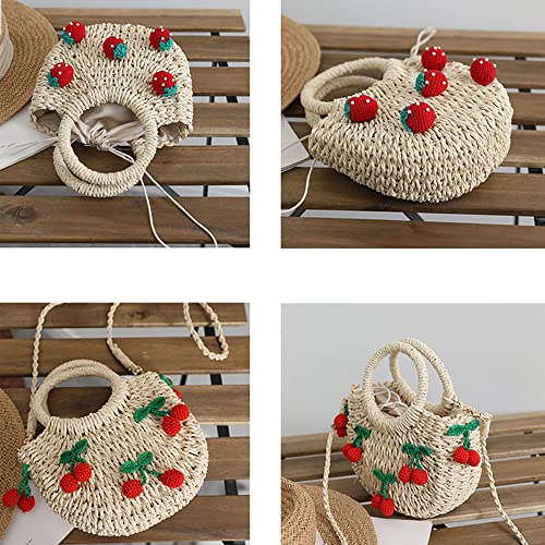 QTKJ Mini Semi-circle Rattan Straw Handbags, Hand-Woven Women Summer Retro Straw Tote Bag with Cute Dolls Shoulder Bag Crossbody Bag Round Handle Beach Handbags (Khaki, Strawberry)