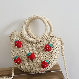 QTKJ Mini Semi-circle Rattan Straw Handbags, Hand-Woven Women Summer Retro Straw Tote Bag with Cute Dolls Shoulder Bag Crossbody Bag Round Handle Beach Handbags (Khaki, Strawberry)