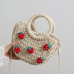 QTKJ Mini Semi-circle Rattan Straw Handbags, Hand-Woven Women Summer Retro Straw Tote Bag with Cute Dolls Shoulder Bag Crossbody Bag Round Handle Beach Handbags (Khaki, Strawberry)