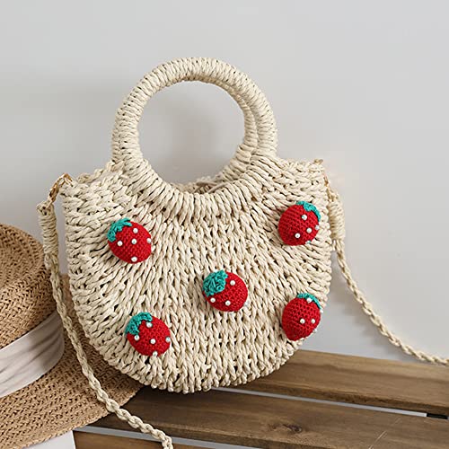 QTKJ Mini Semi-circle Rattan Straw Handbags, Hand-Woven Women Summer Retro Straw Tote Bag with Cute Dolls Shoulder Bag Crossbody Bag Round Handle Beach Handbags (Khaki, Strawberry)