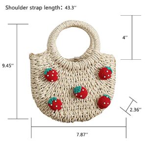 QTKJ Mini Semi-circle Rattan Straw Handbags, Hand-Woven Women Summer Retro Straw Tote Bag with Cute Dolls Shoulder Bag Crossbody Bag Round Handle Beach Handbags (Khaki, Strawberry)