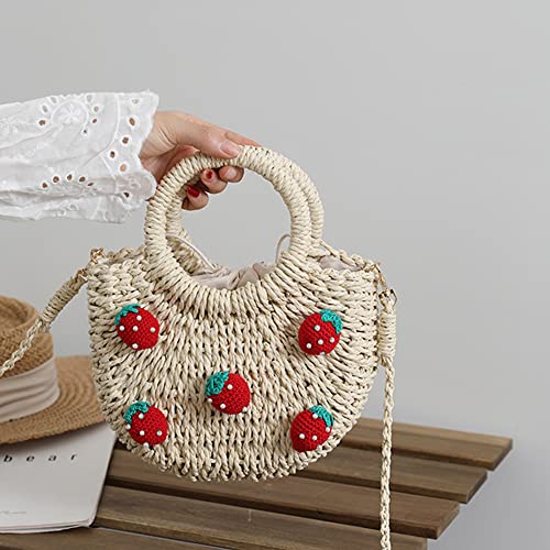 QTKJ Mini Semi-circle Rattan Straw Handbags, Hand-Woven Women Summer Retro Straw Tote Bag with Cute Dolls Shoulder Bag Crossbody Bag Round Handle Beach Handbags (Khaki, Strawberry)