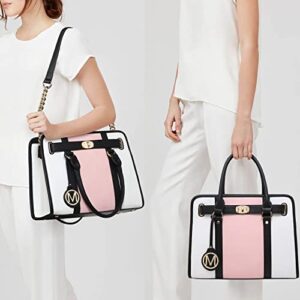 Women Fashion Handbags Top Handle Satchel Purse Shoulder Bags Work Tote with Matching Clutch Set 2pcs (Pink/White)