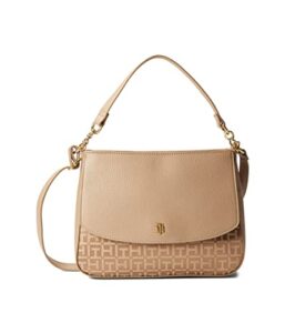 tommy hilfiger yvette ii top-handle flap satchel square monogram jacquard sherwood tan one size