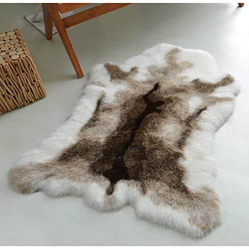 rugoo Reindeer Hide Rug 3.6 ft x 2.9 ft Faux Fur Rug Deer Rug Animal Skin Rugs Fluffy Pet Pad for Bedroom Living Room Nursery, White and Grey