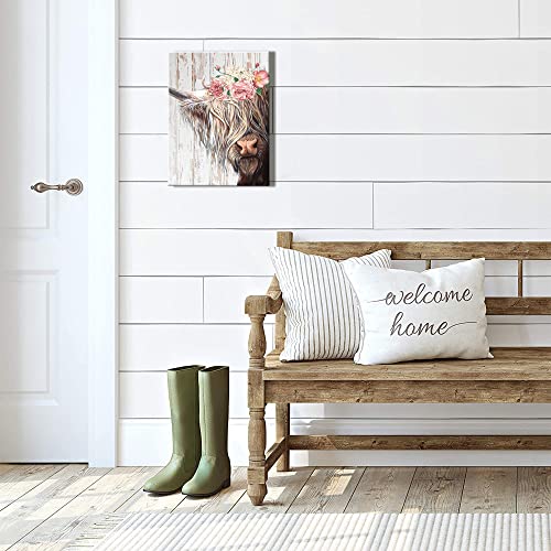 Cute Highland Cow Country Farmhouse Canvas Printing Rustic Bedroom Decor Retro Cow With Garland Wall Art Funny Home Artwork Print Used in Bathroom Office Kitchen Dining Room Decoration Size 12x16 inch