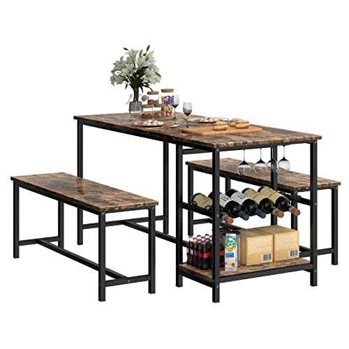 Dining Table Set for 4, 3 Piece Kitchen Table and Chairs Set with 2 Benches, Small Kitchen Table Set with Wine Rack and Glass Holder, Rustic Metal Frame for Breakfast Nook Apartment (Distressed Brown)