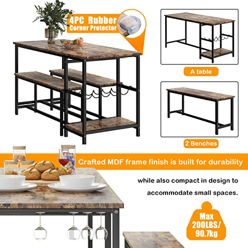 Dining Table Set for 4, 3 Piece Kitchen Table and Chairs Set with 2 Benches, Small Kitchen Table Set with Wine Rack and Glass Holder, Rustic Metal Frame for Breakfast Nook Apartment (Distressed Brown)