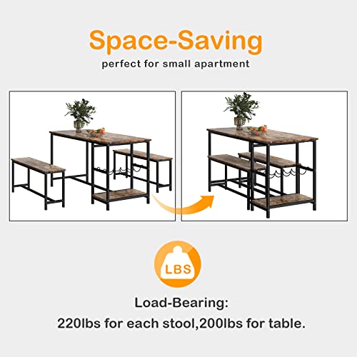 Dining Table Set for 4, 3 Piece Kitchen Table and Chairs Set with 2 Benches, Small Kitchen Table Set with Wine Rack and Glass Holder, Rustic Metal Frame for Breakfast Nook Apartment (Distressed Brown)