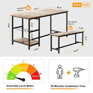 Dining Table Set for 4, 3 Piece Kitchen Table and Chairs Set with 2 Benches, Small Kitchen Table Set with Wine Rack and Glass Holder, Rustic Metal Frame for Breakfast Nook Apartment (Distressed Brown)