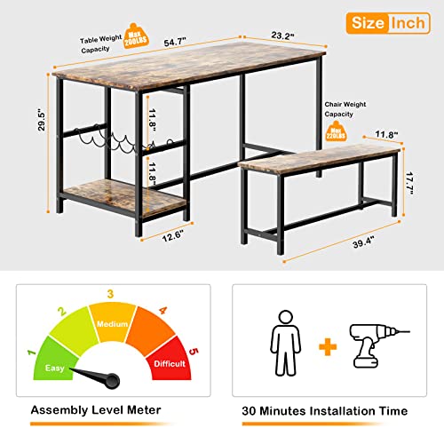 Dining Table Set for 4, 3 Piece Kitchen Table and Chairs Set with 2 Benches, Small Kitchen Table Set with Wine Rack and Glass Holder, Rustic Metal Frame for Breakfast Nook Apartment (Distressed Brown)