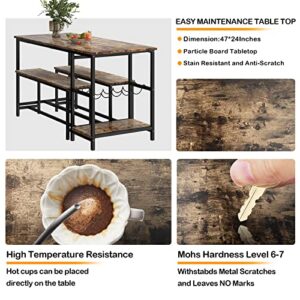 Dining Table Set for 4, 3 Piece Kitchen Table and Chairs Set with 2 Benches, Small Kitchen Table Set with Wine Rack and Glass Holder, Rustic Metal Frame for Breakfast Nook Apartment (Distressed Brown)