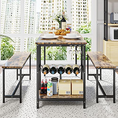 Dining Table Set for 4, 3 Piece Kitchen Table and Chairs Set with 2 Benches, Small Kitchen Table Set with Wine Rack and Glass Holder, Rustic Metal Frame for Breakfast Nook Apartment (Distressed Brown)