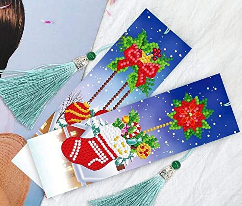 Christmas Socks Bookmark Diamond Painting Kit - pigpigboss 4 Pack Bookmark Dimaond Painting Art Crystal Christmas Bell Bookmark Diamond Painting Set Christams Book Decor Gift for Adult Kid (21 x 6 cm)