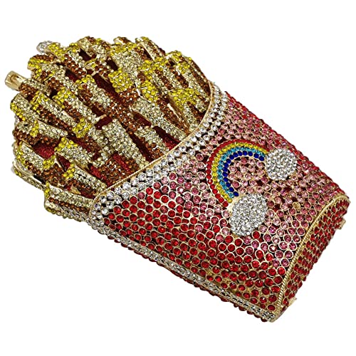 Tngan Women French Fries Shape Evening Bag Rainbow Pattern Rhinestone Diamond Clutch Gemstone Metal Handbag, Red 1