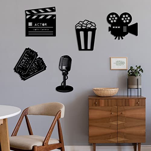 5 Pieces Movie Theater Decor Wooden Home Theater Room Decor Cinema Wall Art Movie Reel Theater Action Popcorn Ticket Sign Movie Night Decor Theme Party Decorations for Home Bedroom Office Studio